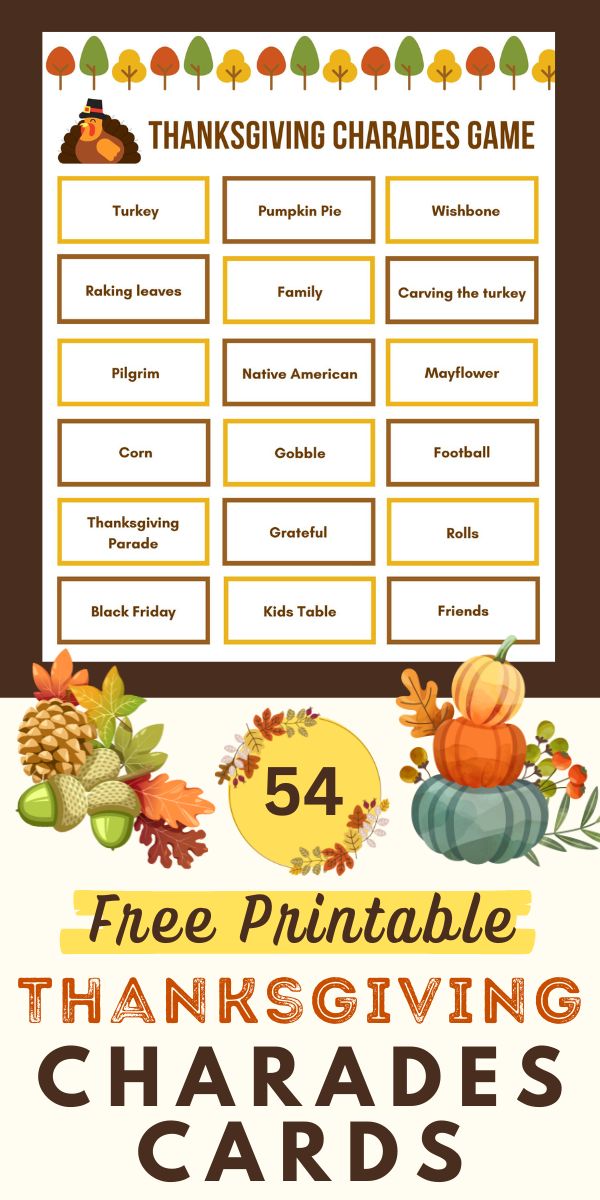 FREE Printable Thanksgiving Charades {54 Cards + 18 Blank!}